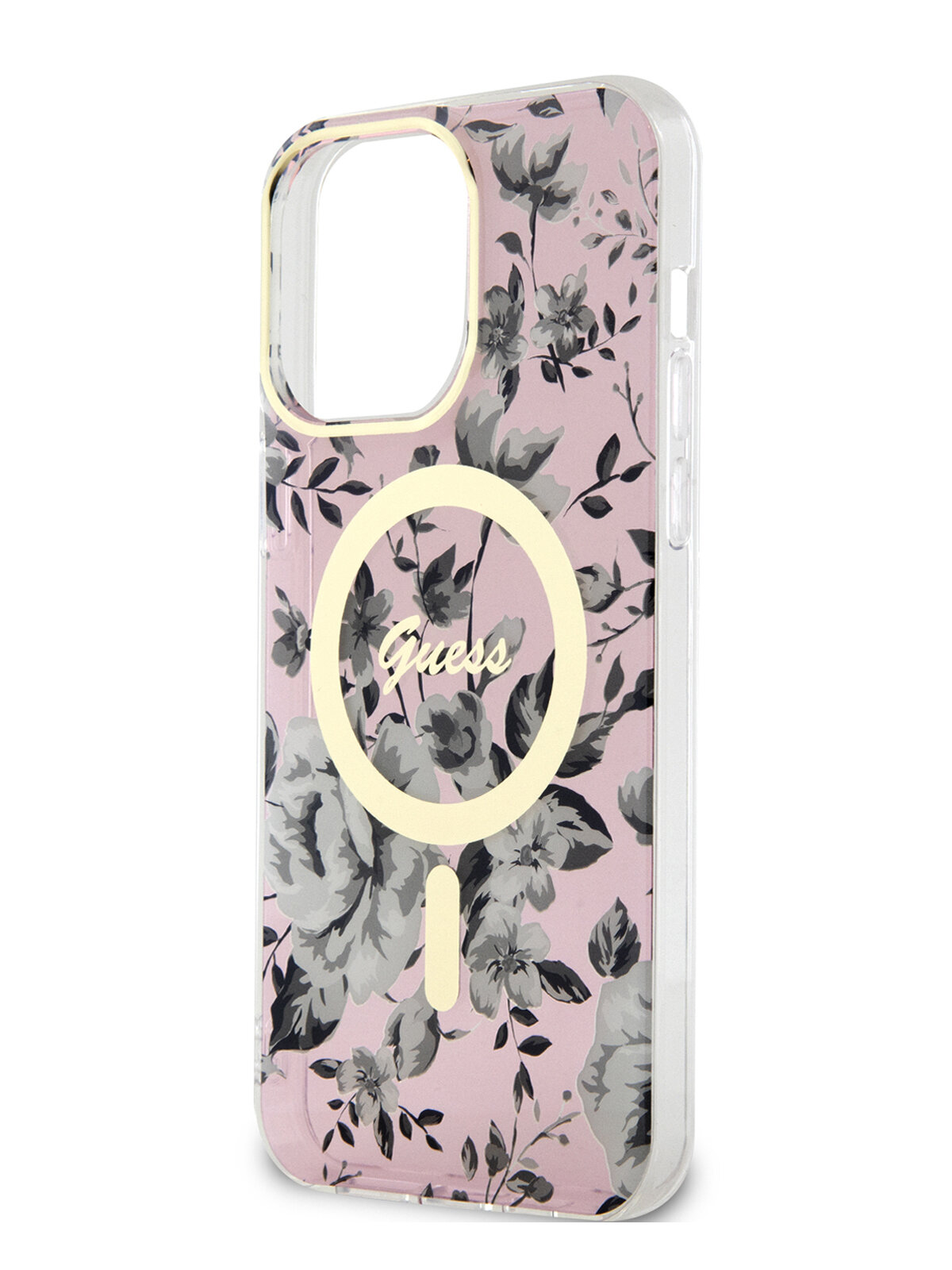 Guess для iPhone 15 Pro Max чехол PC/TPU Flower Hard Pink/Gold (MagSafe)