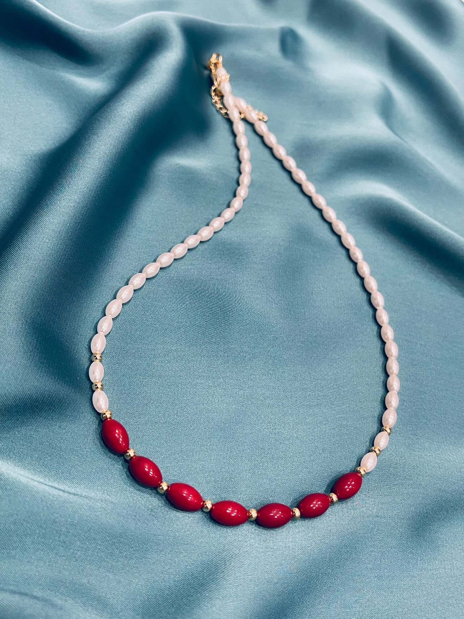 Колье, коралл, жемчуг имитация