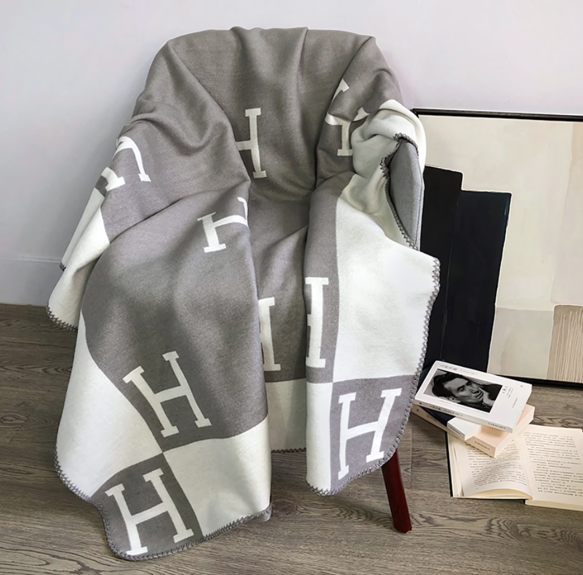 Плед из искусственного кашемира, с ворсом из шерсти, дизайн в виде буквы, 130x170 см, серый