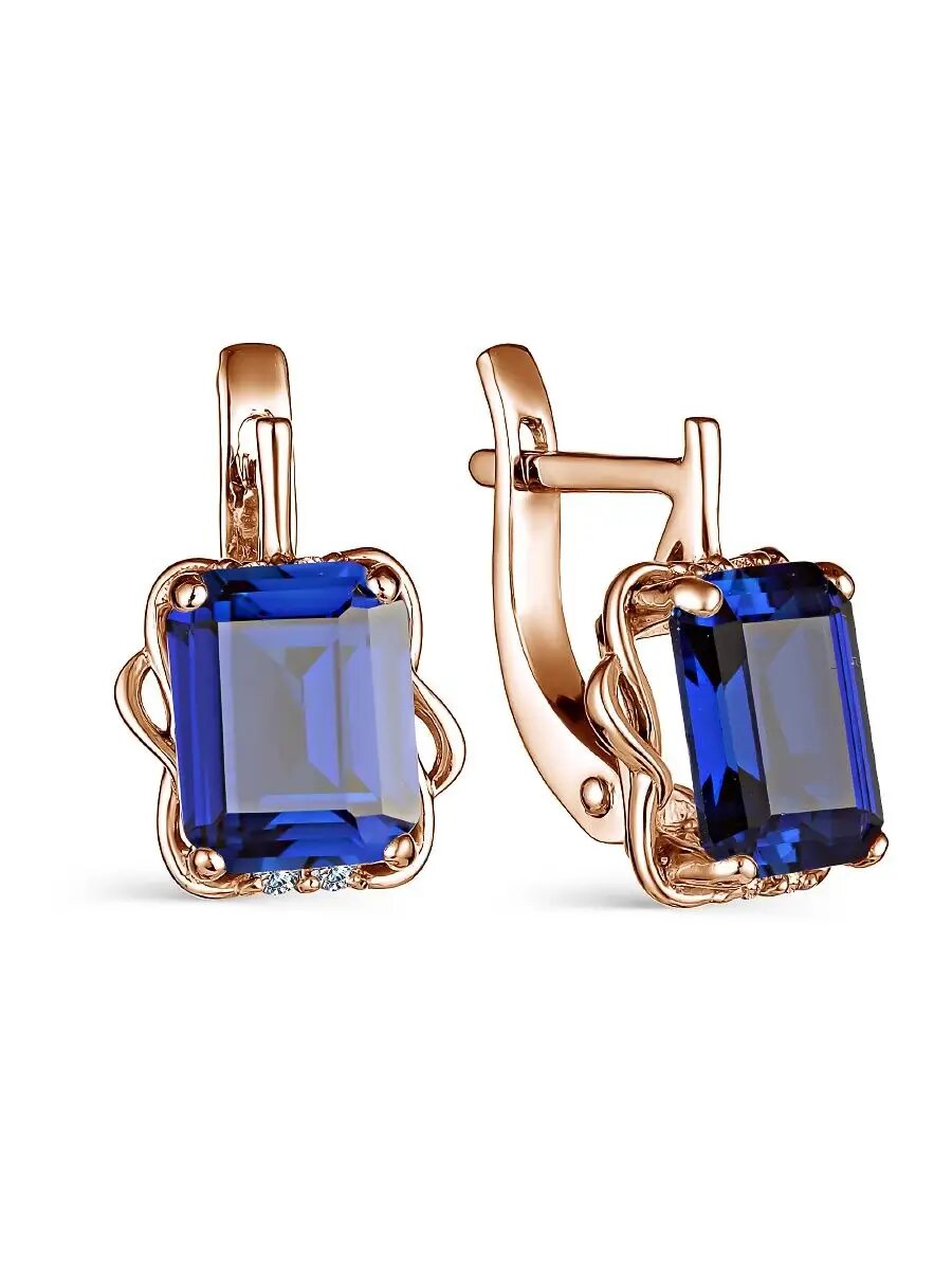 Серьги, красное золото, 585 проба, сапфир, сапфир синтетический, бриллиант
