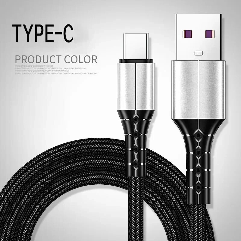 5A Кабель USB C для быстрой зарядки Кабель типа C для Huawei Data Шнур Зарядное 1 м, Black