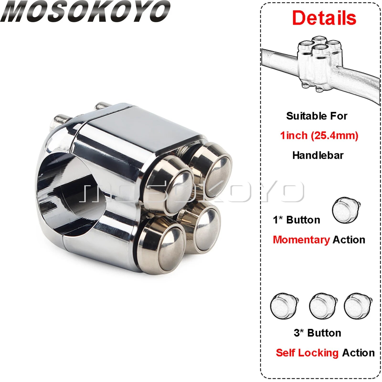 Переключатель мотоциклетный универсальный, 3 и 4 кнопки, 22/25 мм 25mm chrome