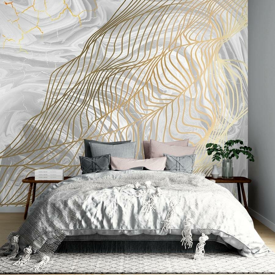 Фотообои в спальню Золотые линии на мраморе 9-1854-S-Флок 270 x 200 см (ВхШ) Бесшовные, флизелиновые, влагостойкие обои MasterFresok