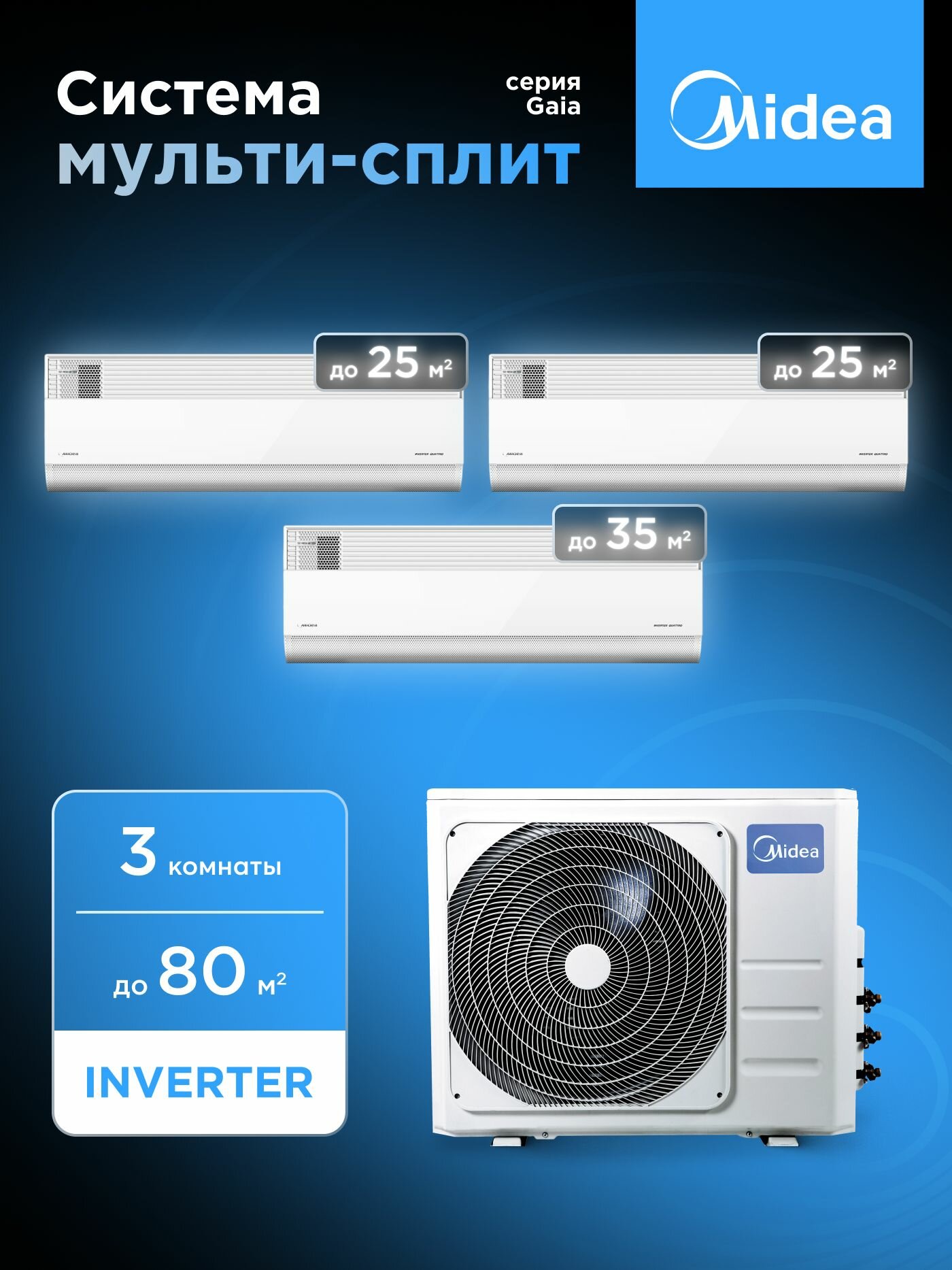 Мощная мульти сплит-система для 3-х комнат Midea M3OA-27HFN8-Q1/MMCA1BU-09HRFN8*2/MMCA1BU-12HRFN8*1 (25 кв. м. + 25 кв. м. + 35 кв. м.)