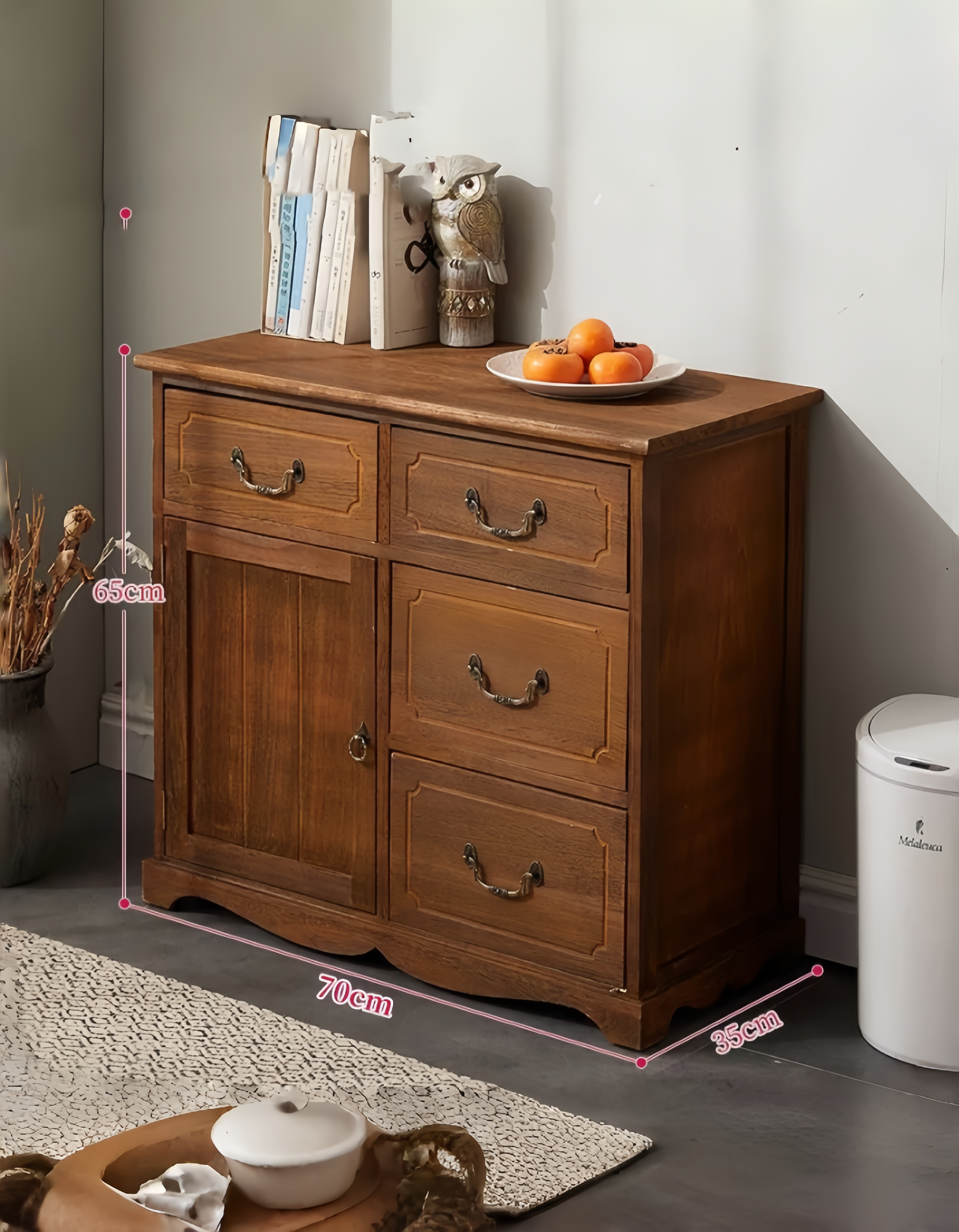 Винтажный шкаф, массив дерева, экологически чистая краска, стильный, 5 ящиков, 35x70x65 см, коричневый