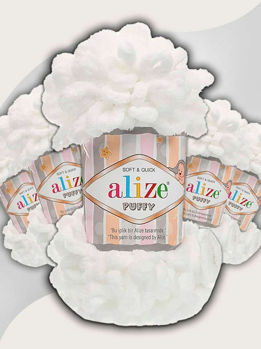 Пряжа для вязания Alize Puffy цвет 55 белый, 100 г / 9 м, 5 мотков