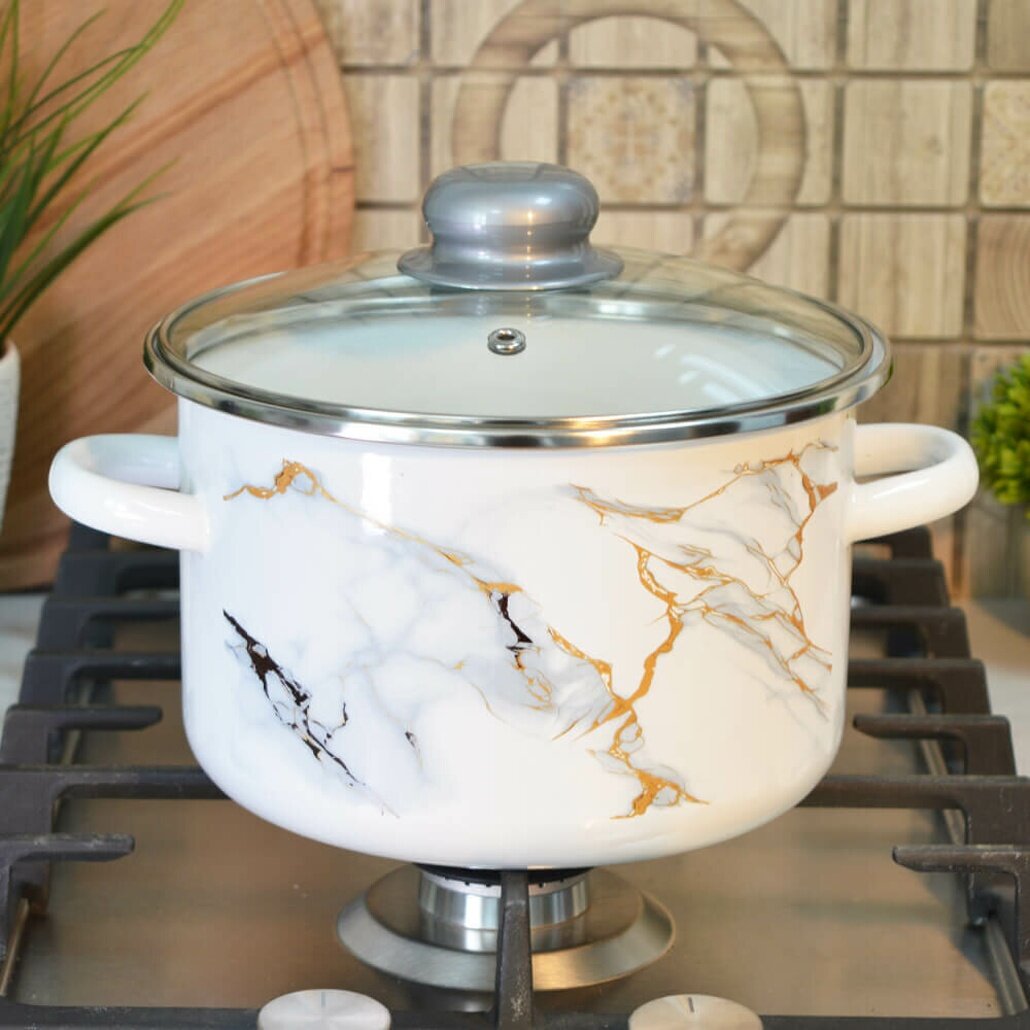 Кастрюля 3л "Marble" эмалированная, стеклянная крышка, индукционное дно, для всех типов плит