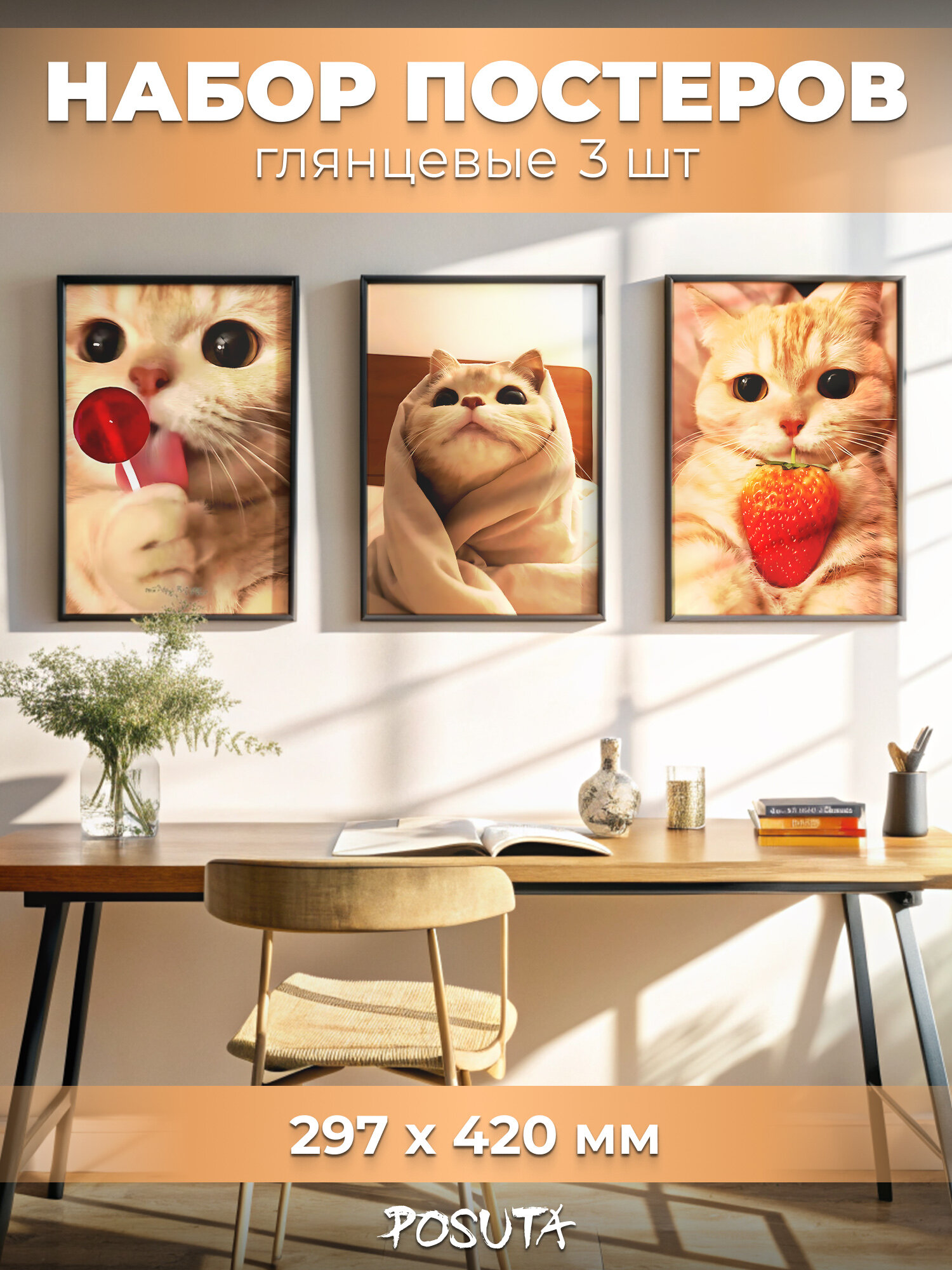 Постеры на стену интерьерные Коты милые