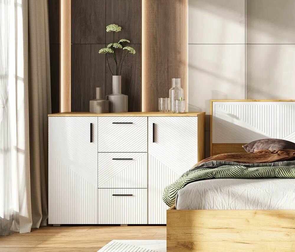 Комод Сильвия 3 ящика 2 двери 1200 Браш Вайт/Дуб Крафт