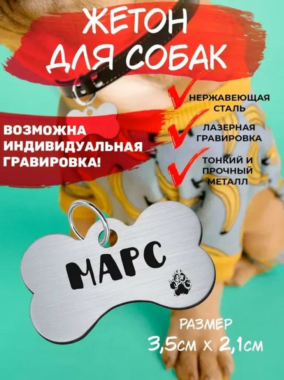 Адресник для собаки с гравировкой, нерж. сталь, серебристый, Марс