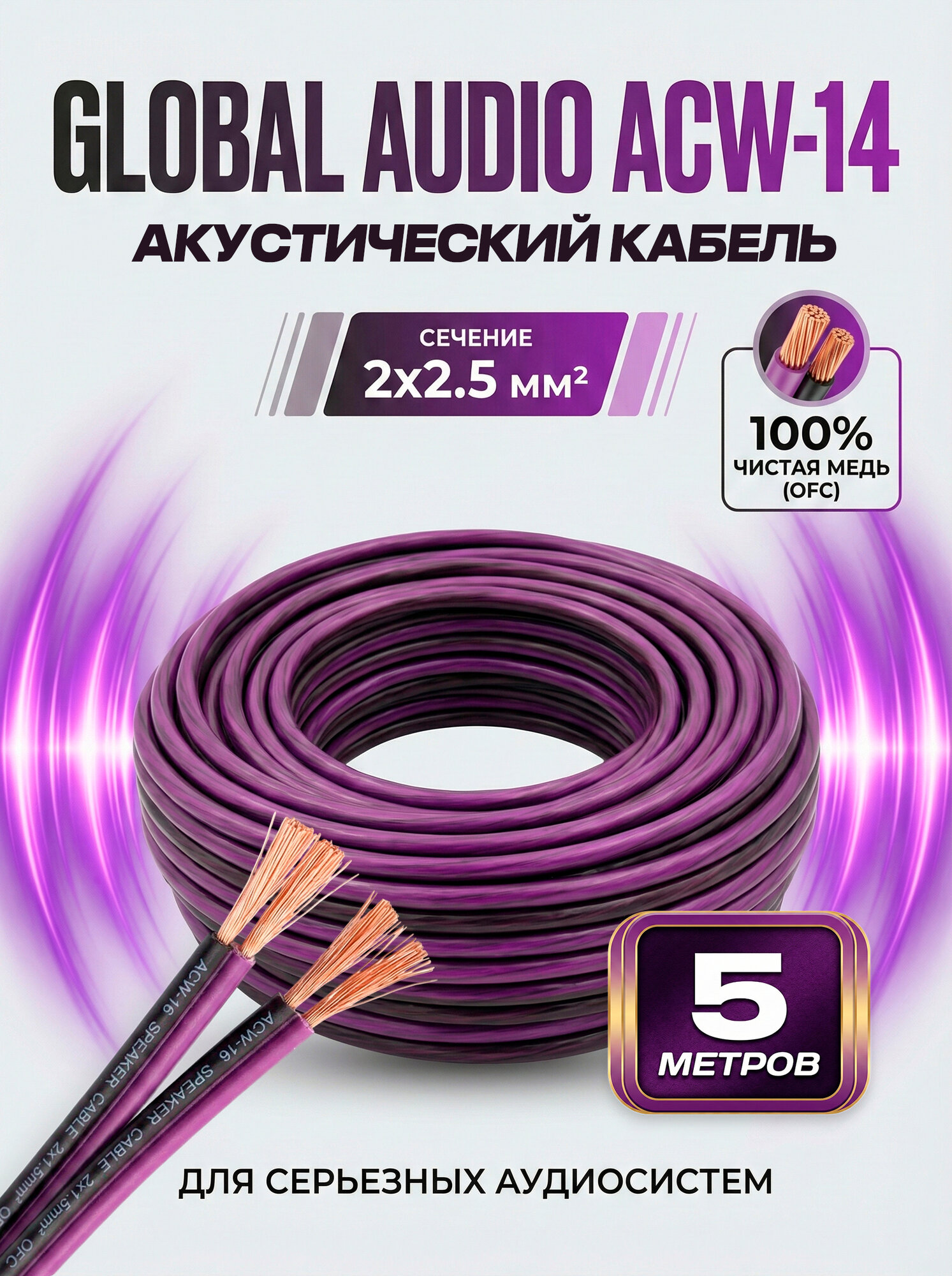 Акустический кабель для автозвука ACW-14 (5м) чистая медь
