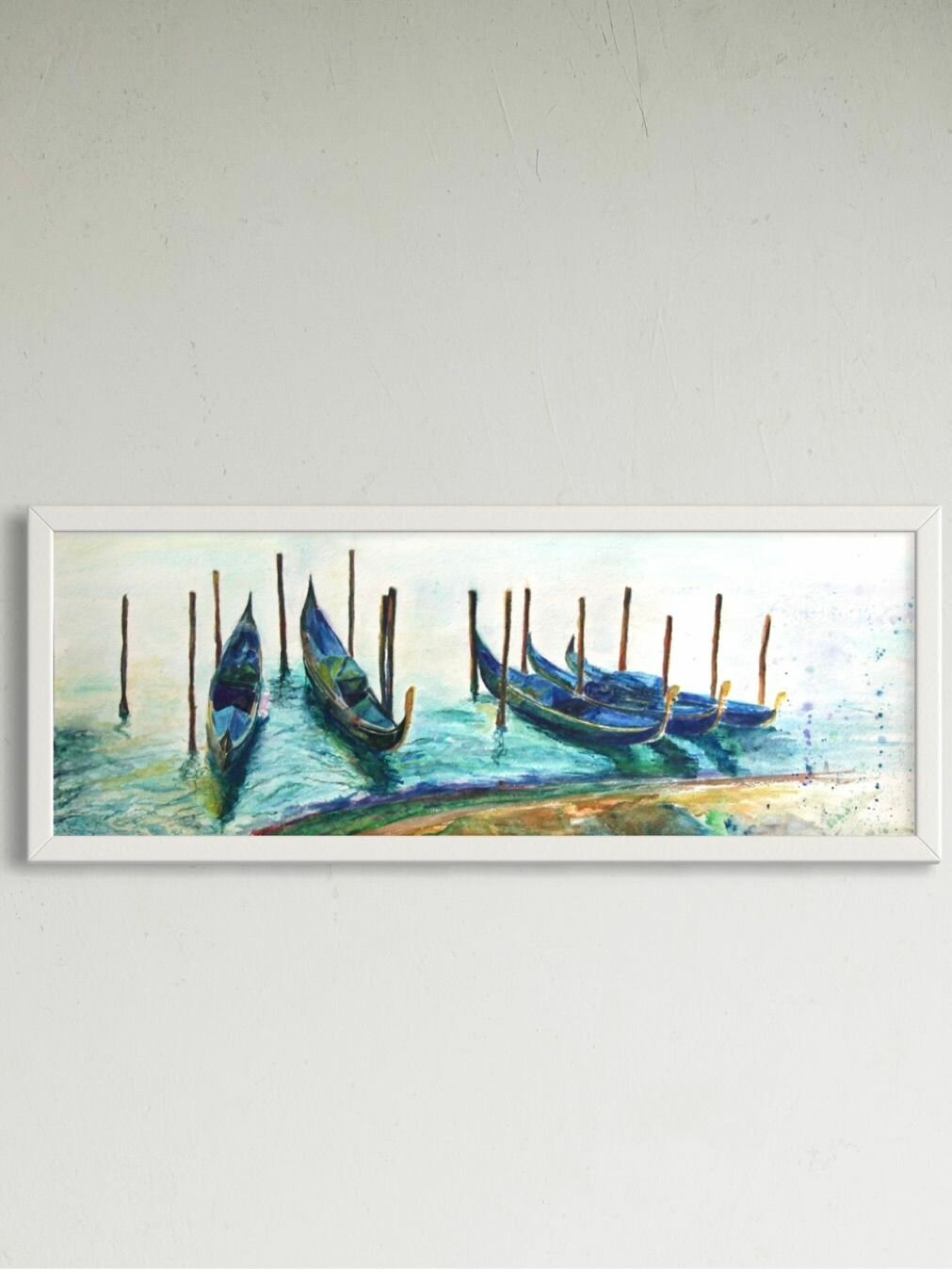 Картина акварелью, без рамы, Лодки, Венеция, 21х59 см