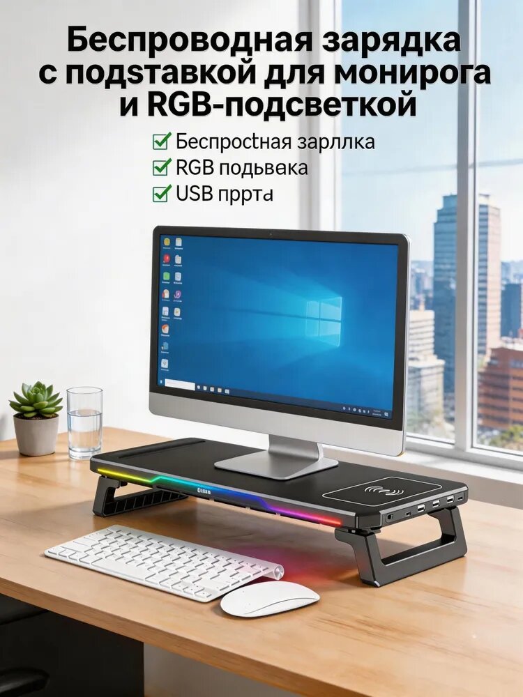 Подставка для монитора XSQZJ-01 с USB-хабом и RGB-подсветкой настольная - универсальная складная полка под монитор на стол с портами