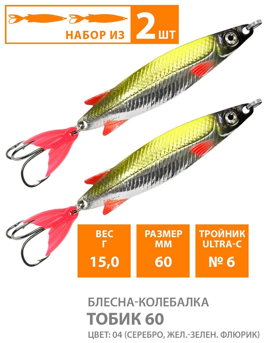 Блесна колебалка для рыбалки AQUA Тобик 60mm 15g цвет 04 2шт