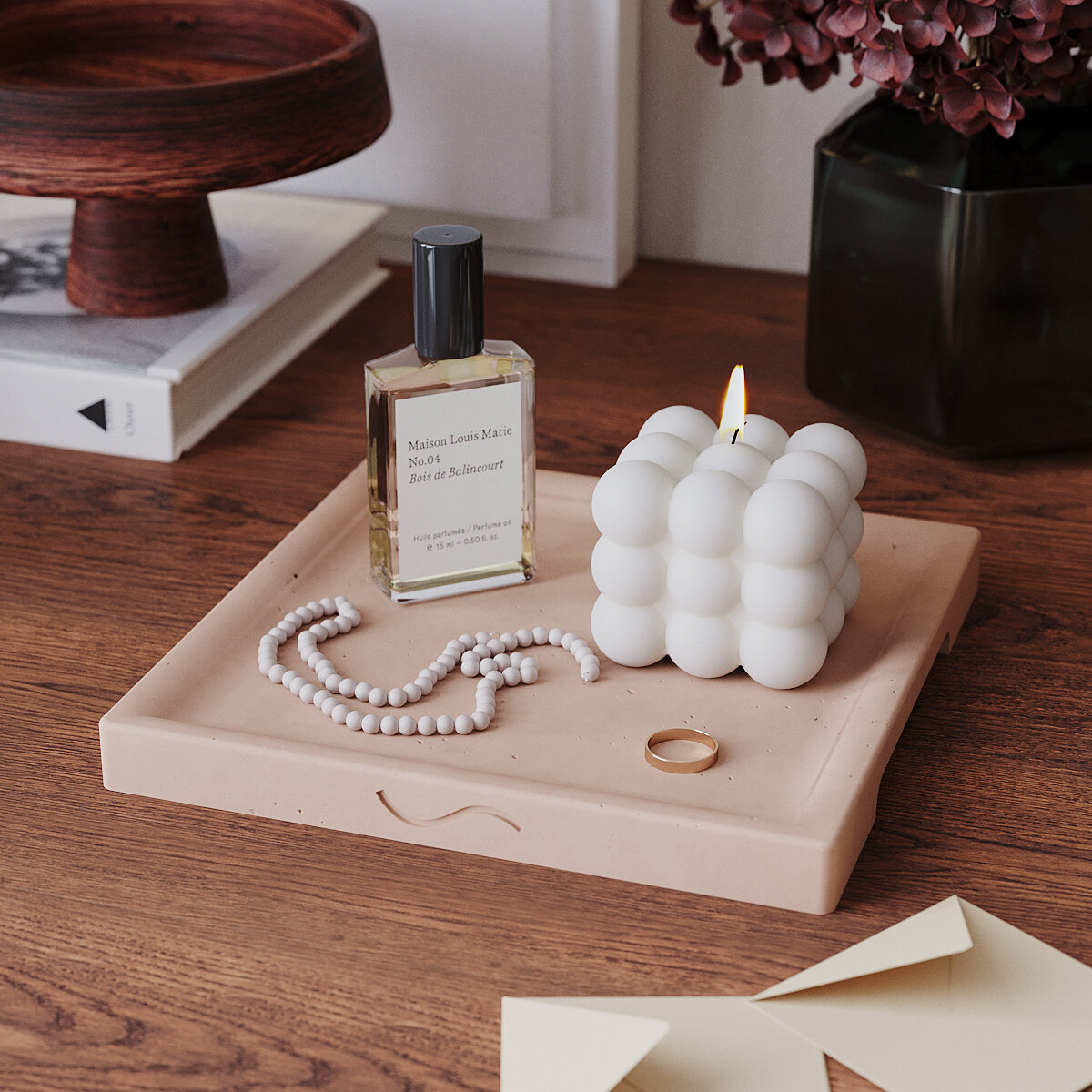 Декоративный поднос MUSKO HOME Dorian Square S, 20x20 см, бетон, розовый матовый