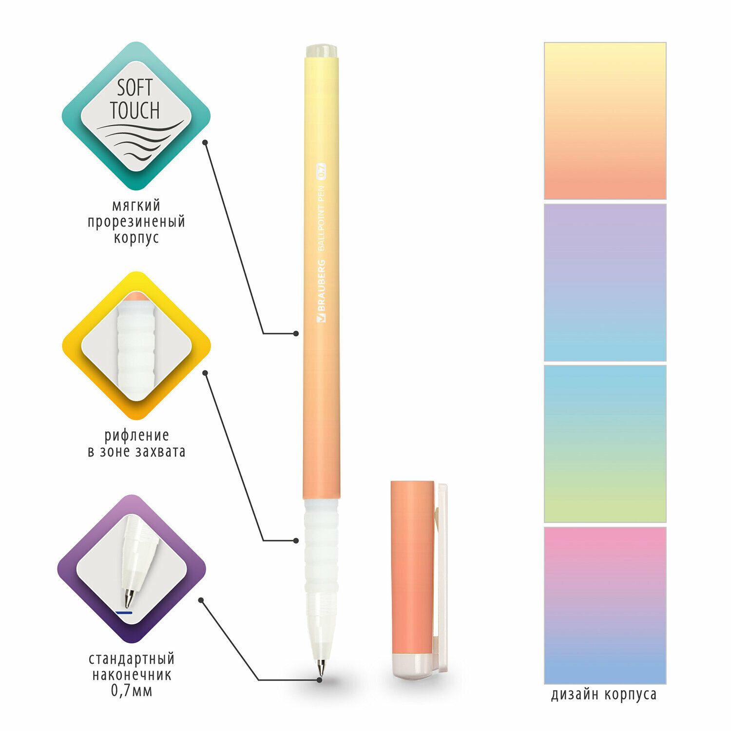 Упаковка 36 шт. Ручка шариковая BRAUBERG SOFT TOUCH GRIP "GRADE PASTEL", синяя, мягкое покрытие, ассорти, узел 0,7 мм, 143711