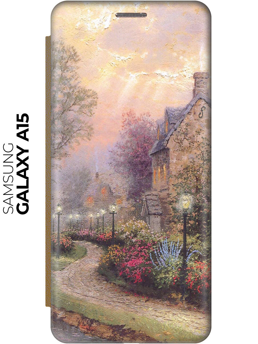 Чехол-книжка на Samsung Galaxy A15 / Самсунг А15 с рисунком "Сиреневый вечер" золотой