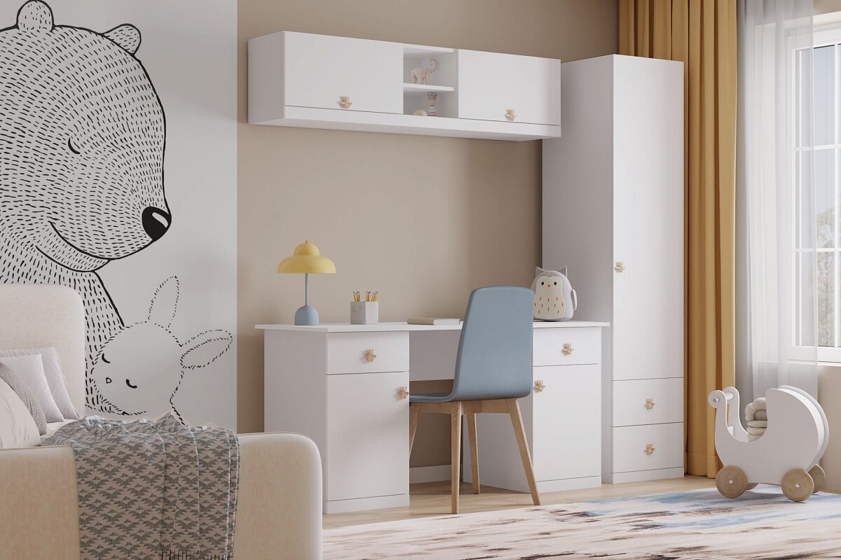 Детская стенка МебельЛэнд24 Скарабей Mini - 10 Белый 195x60x210 со шкафом со столом