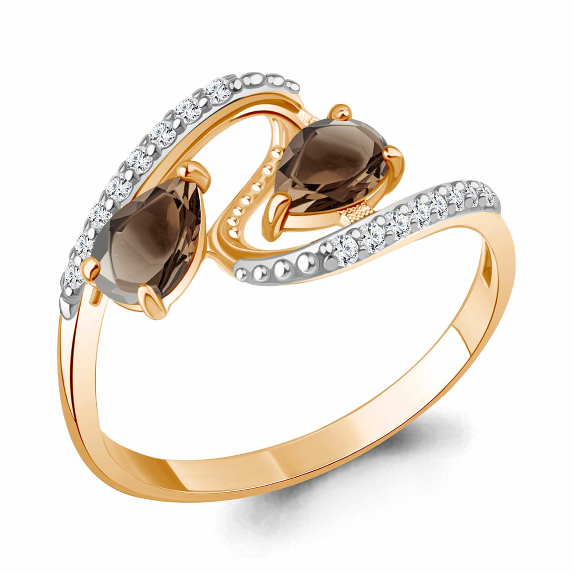 Кольцо, серебро, 925 проба, золочение, фианит, кварц