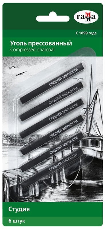 Уголь прессованный Гамма "Студия", средней мягкости, квадратный, 6 шт, блистер, европодвес (080219_06)