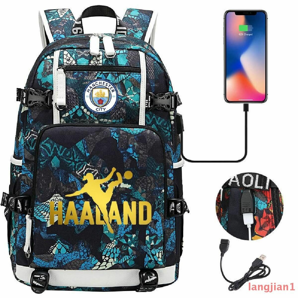 Рюкзак школьный Football Erling Haaland USB с зарядкой для ноутбука и путешествий
