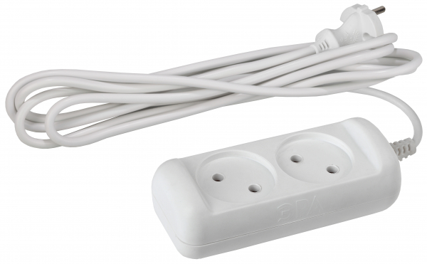 Удлинитель бытовой ЭРА U-2-1.5m без зазeмляющих контактов, ПВС 2х1мм² 10А, 1.5 метра 2 розетки, белый Б0028359