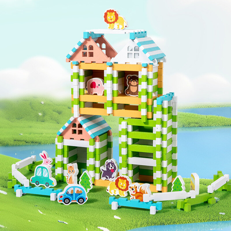 Деревянные строительные блоки для детей Китай шиповая структура Коробка зеленых_Шиповые строительные блоки