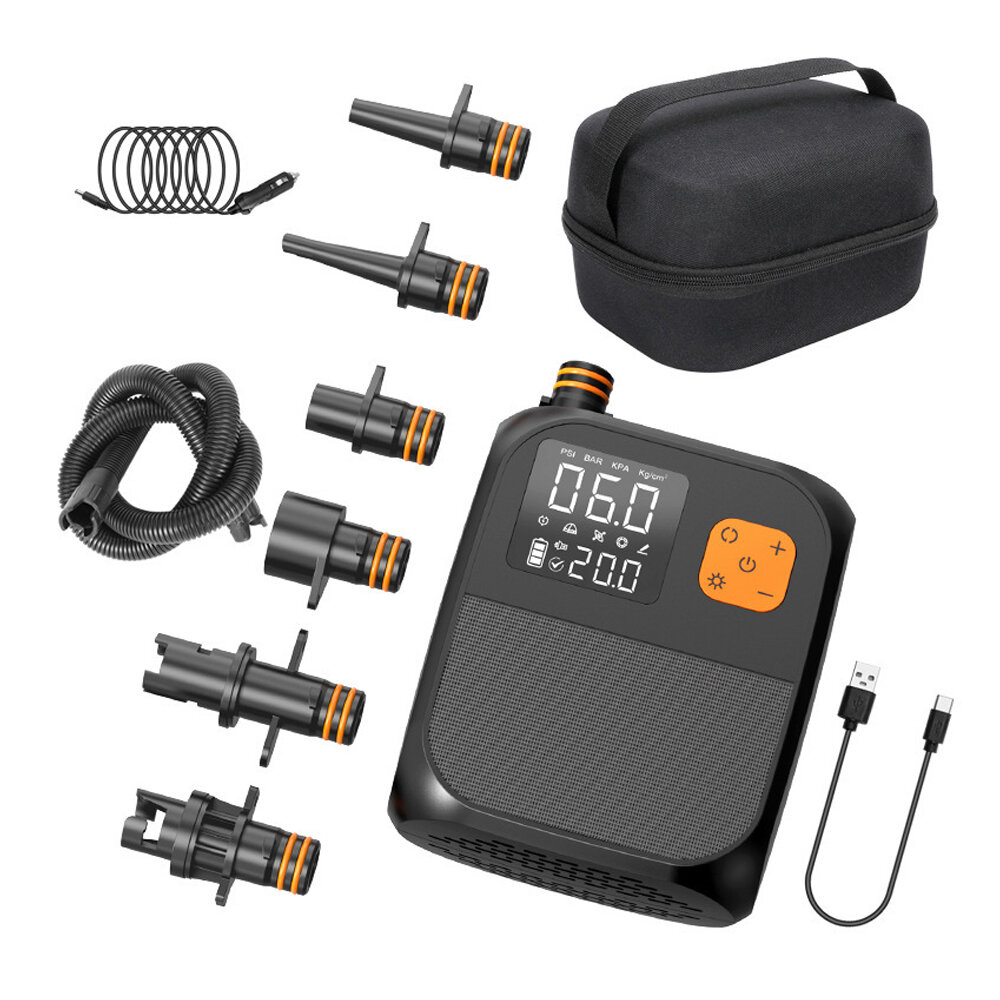 Портативный насос для сапборда, электрический воздушный компрессор высокого давления 25 PSI, портативный аккумулятор с 6 насадками и светодиодной подсветкой для надувных лодок, досок для серфинга, сапбордов, надувных матрасов и плавательных кругов.