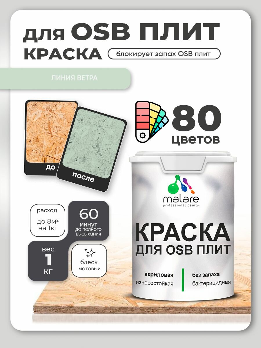 Акриловая краска для ОСБ плит Malare для дерева для наружных и внутренних работ, быстросохнущая без запаха матовая, линия ветра, 1 кг