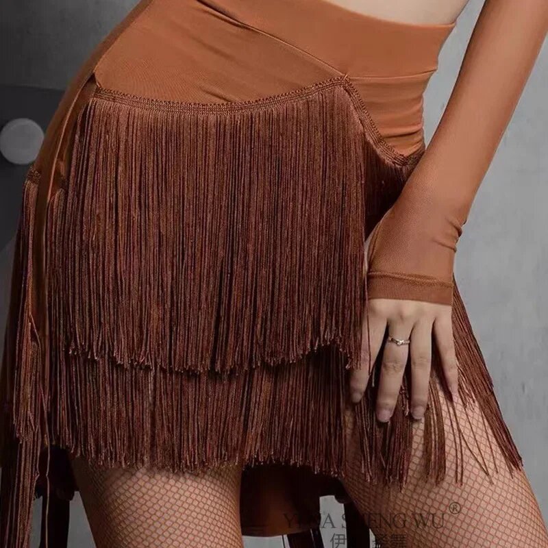 YI NA SHENG WU Черное платье для латиноамериканских танцев из полиэстера Коричневый, XXL, Caramel Skirt