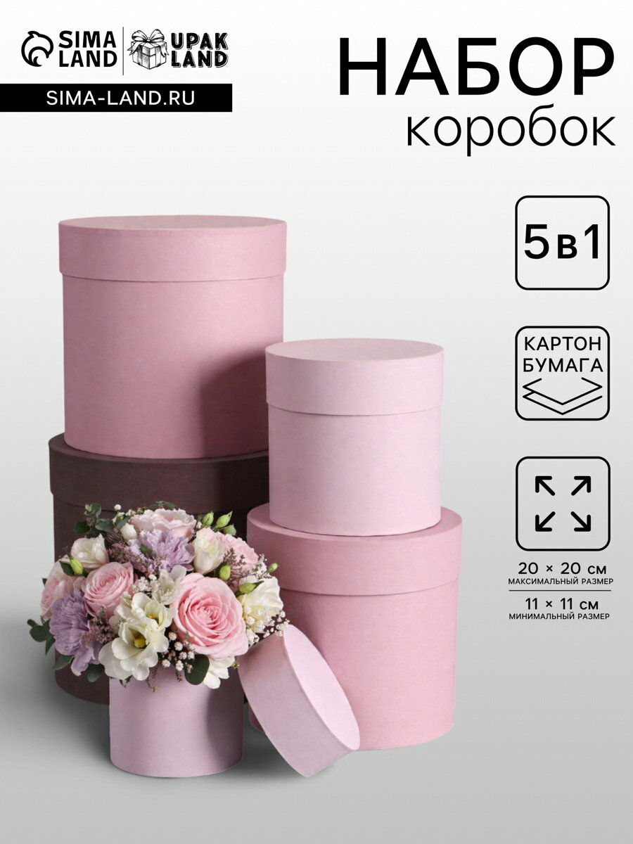 Набор круглых подарочных коробок 5 в 1, "Тепло" 20x20-11x11, вид: жёсткие (крышка+дно)