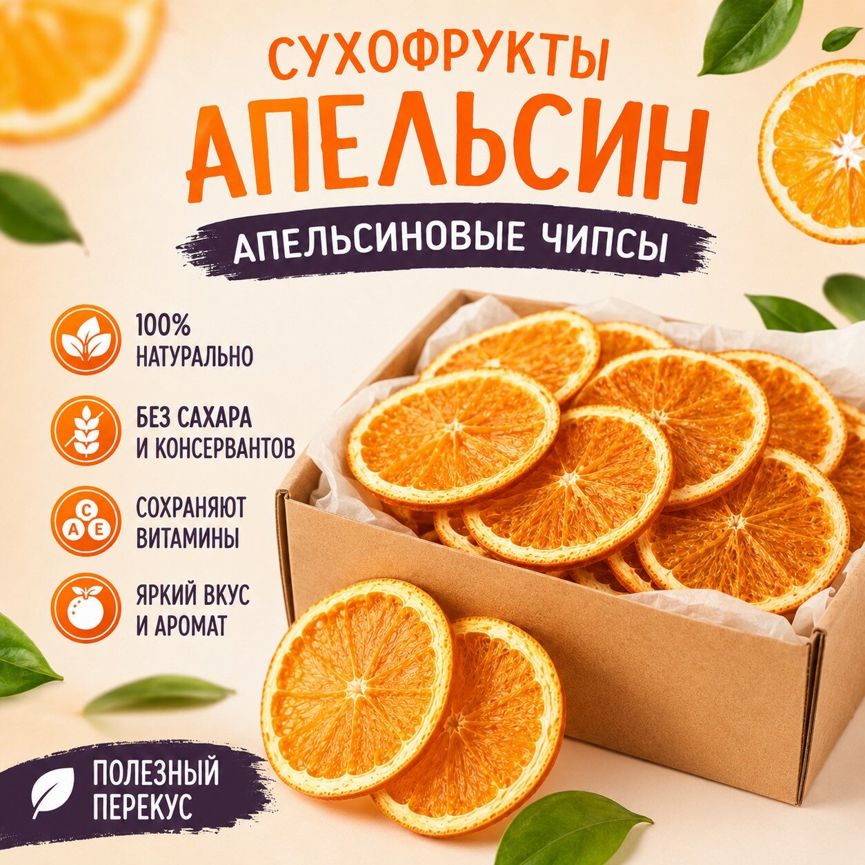 Фруктовые чипсы /фриспы/ сухофрукты апельсин 70 гр