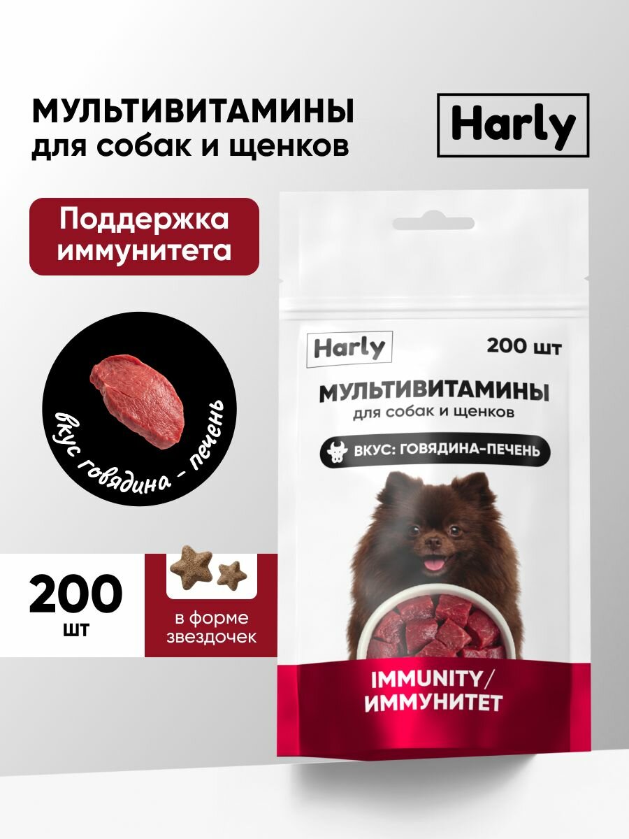 Мультивитамины Harly Иммунитет, для собак всех пород, со вкусом печенки, 200 таб.