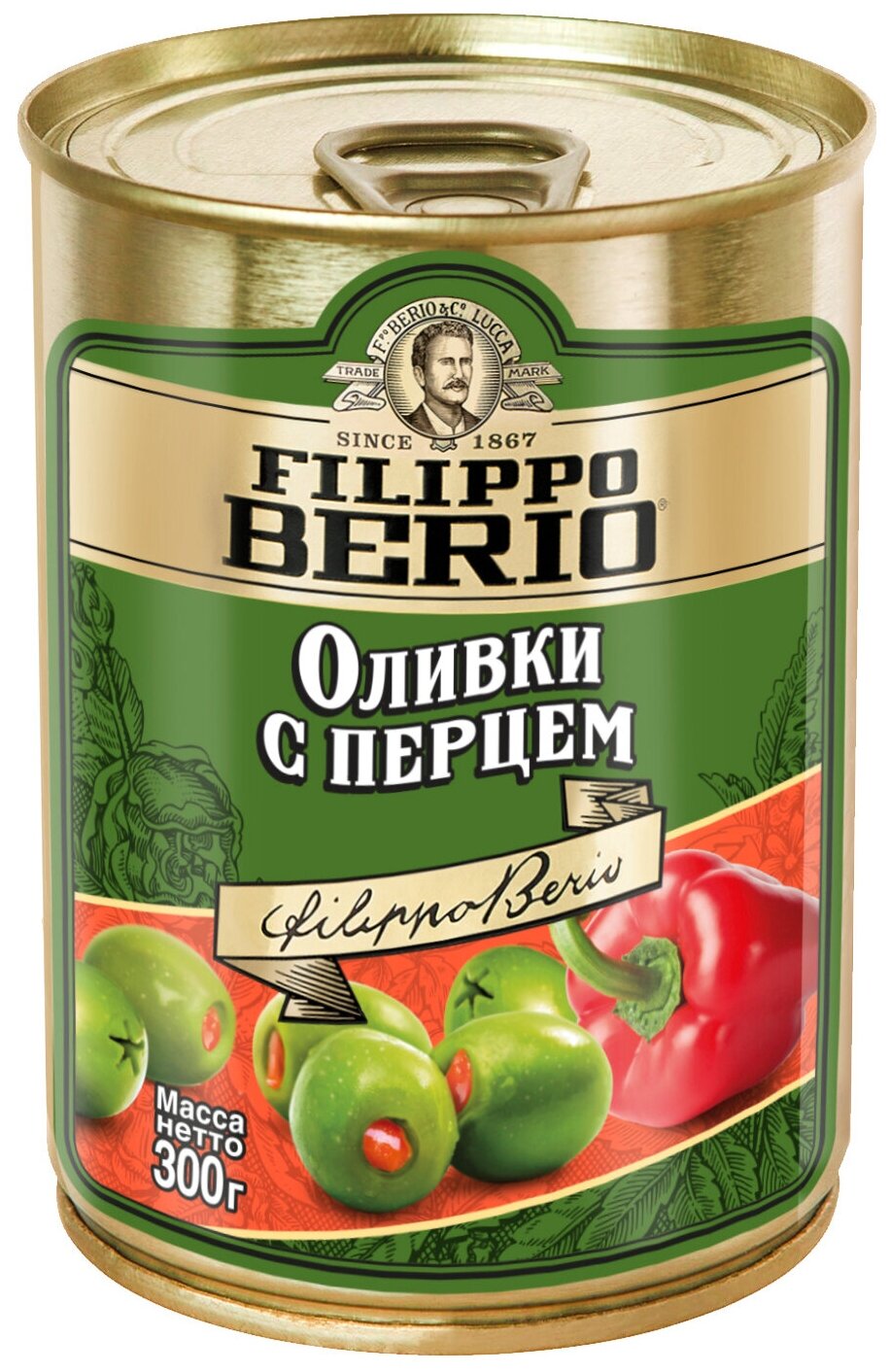 Оливки FILIPPO BERIO, с перцем, ж/б, 300 г