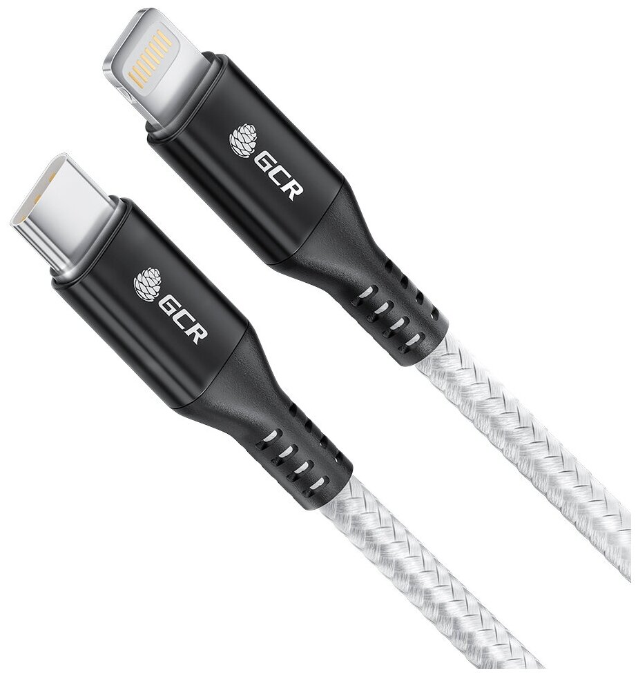 Кабель GCR 1.0 метр TypeC/Lightning MFRI POWER DELIVERY 18 W, быстрая зарядка, белый нейлон, AL case черный (7753188)