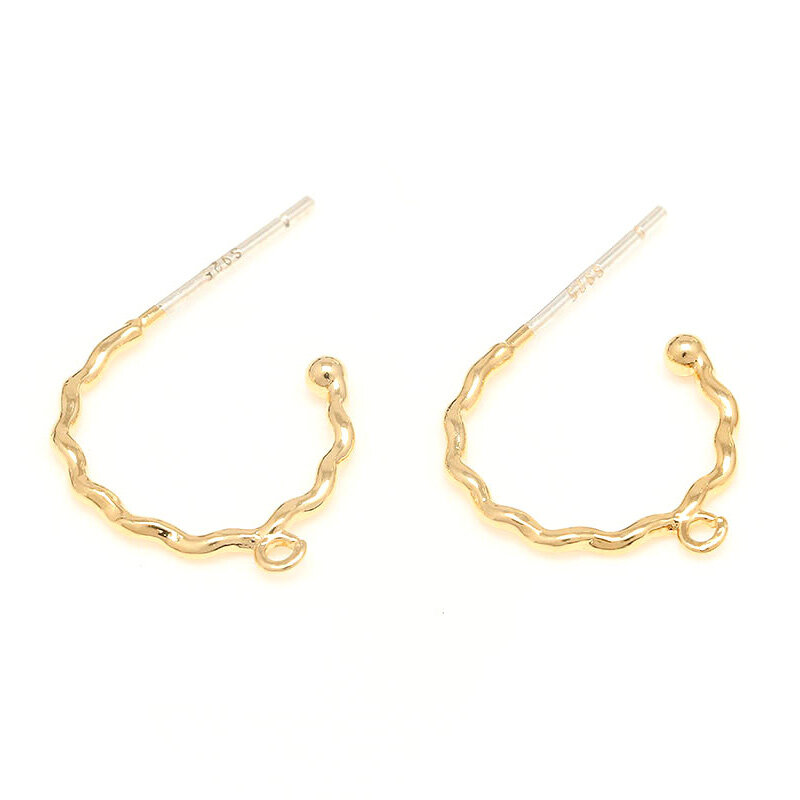Пусеты, 16х1.3мм, Корея, Волнистая дуга с петелькой, базовый материал - серебро/латунь, позолоченные, пара
