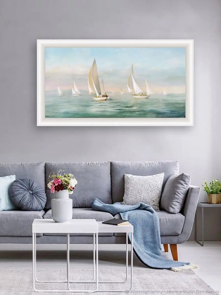 Картина 50х100 в белой раме 60х110 на стену море