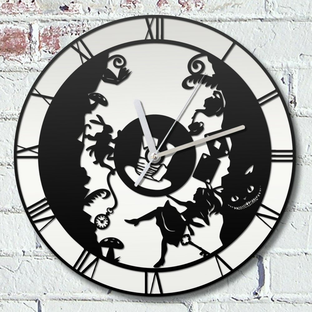 Настенные деревянные бесшумные часы сказки алиса в стране чудес (зазеркалье, чаепитее, шляпник) - 5017