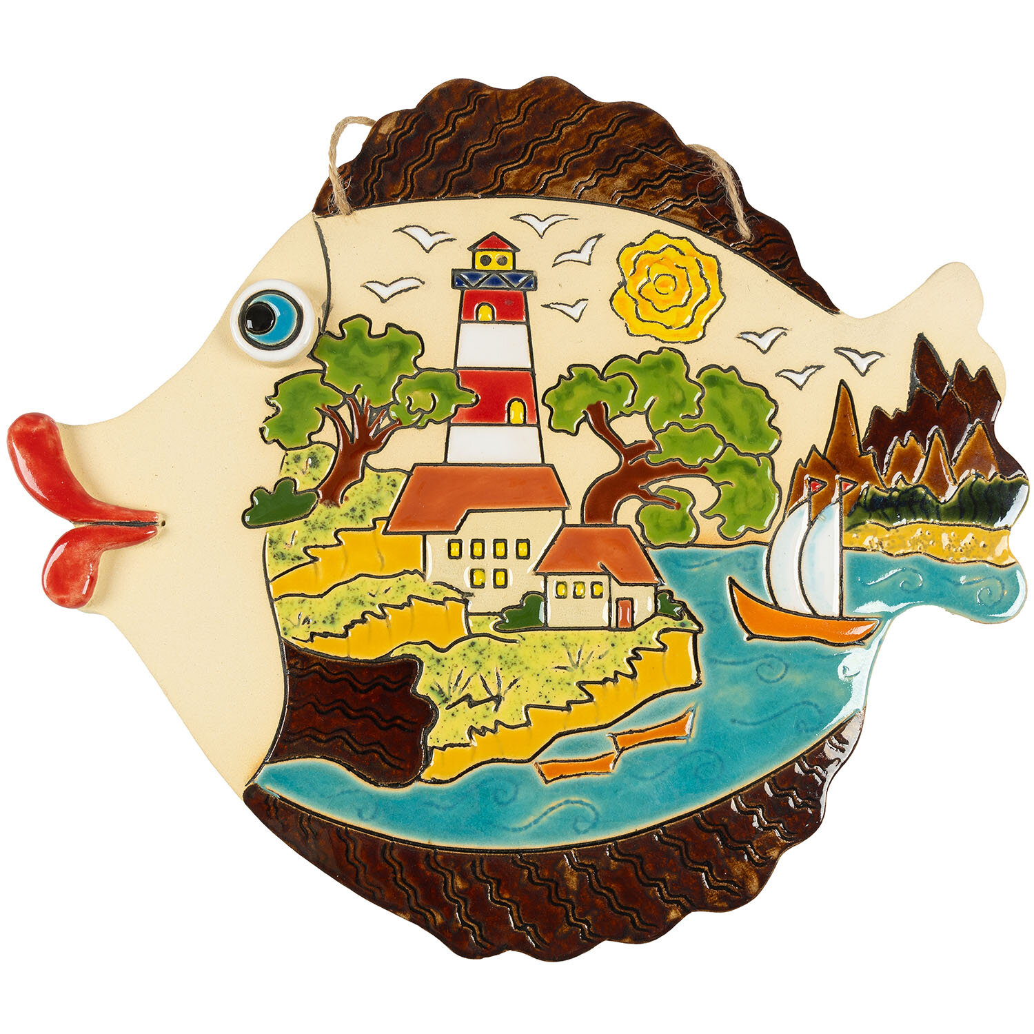 Панно декоративное Рыба Остров с маяком (Владивосток) керамическое авторской ручной работы