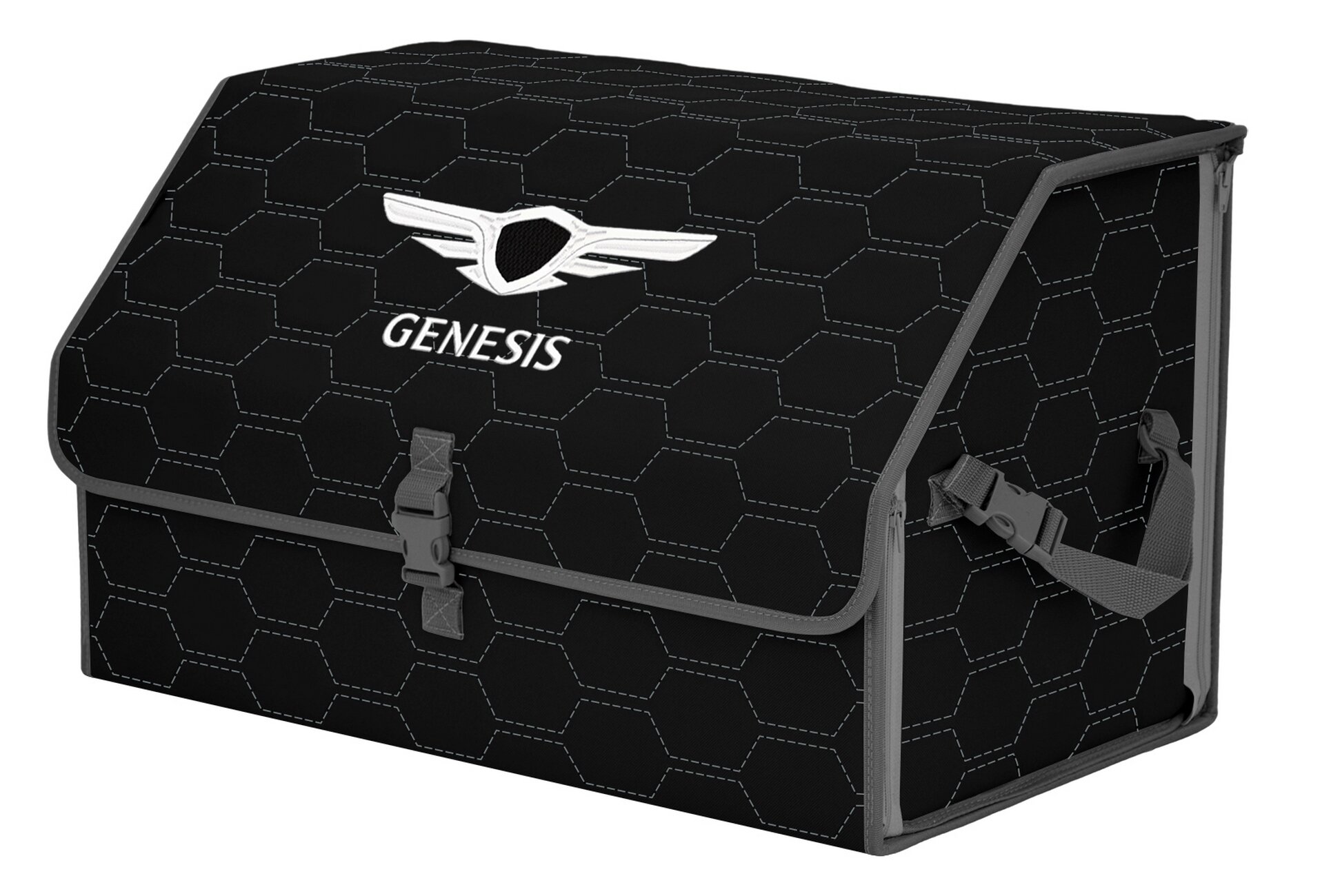 Органайзер-саквояж "Союз" в багажник Genesis (Дженезис), размер XL. Цвет: черный с серой прострочкой Соты.