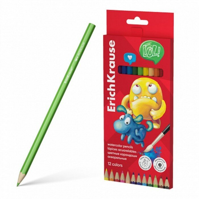 Карандаши акварельные Erich Krause "Jolly Friends", 12 цветов, дерево, шестигранные, с кисточкой (61795)
