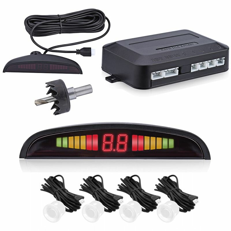 Парковочный радар, датчики парковки на автомобиль с дисплеем, 4 датчика, 12 B, Белый