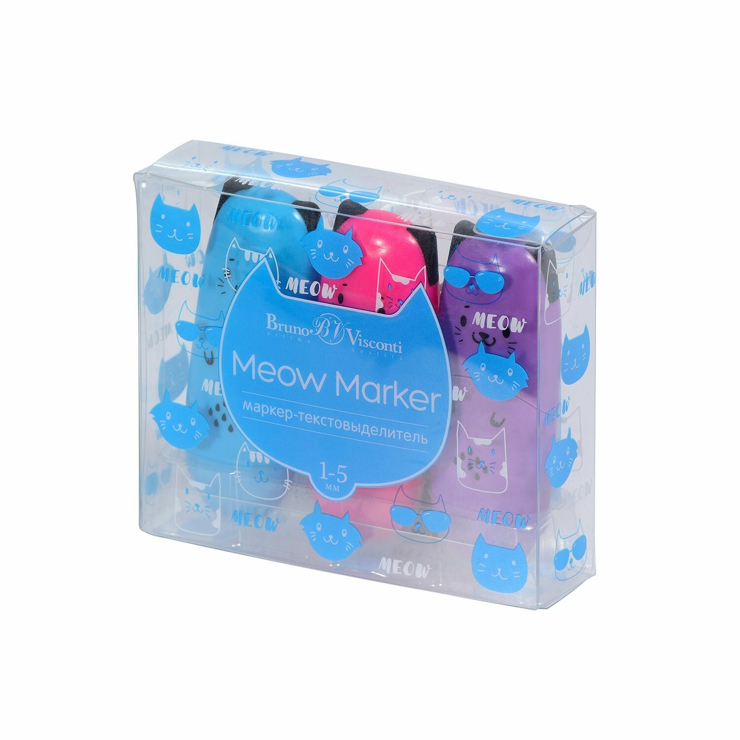Текстовыделитель набор 3 цвета (фиолетовый, розовый, голубой) Bruno Visconti "MEOW MARKER" / маркеры текстовыделители для школы неоновые арт.22-0105