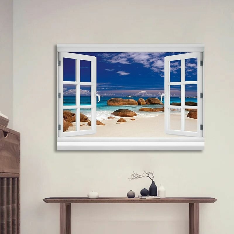 Картина "Окно. Пляж", на подрамнике, на основе холст, 40x60 см