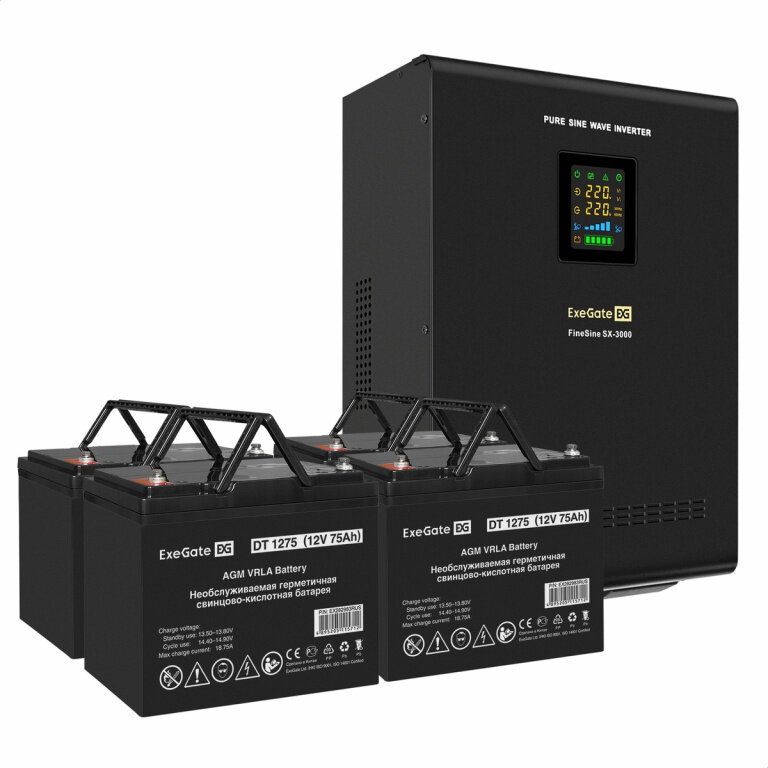 Комплект ИБП EX296003RUS + батарея 75Aч EX282983RUS 4шт (инвертор, синус, для котла, настенный) ExeGate FineSine SX-3000. LCD. AVR.2SH. T