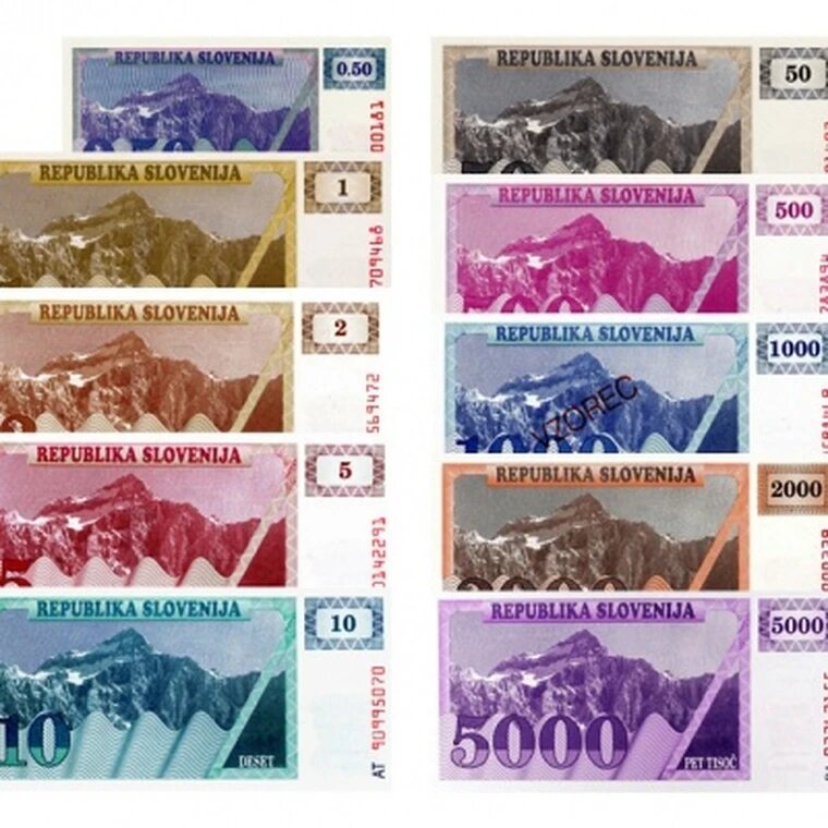 Набор банкнот Словении 0,5-5000 толаров 1990-92 гг, сувенирные копии, банкноты и купюры редкие коллекционные