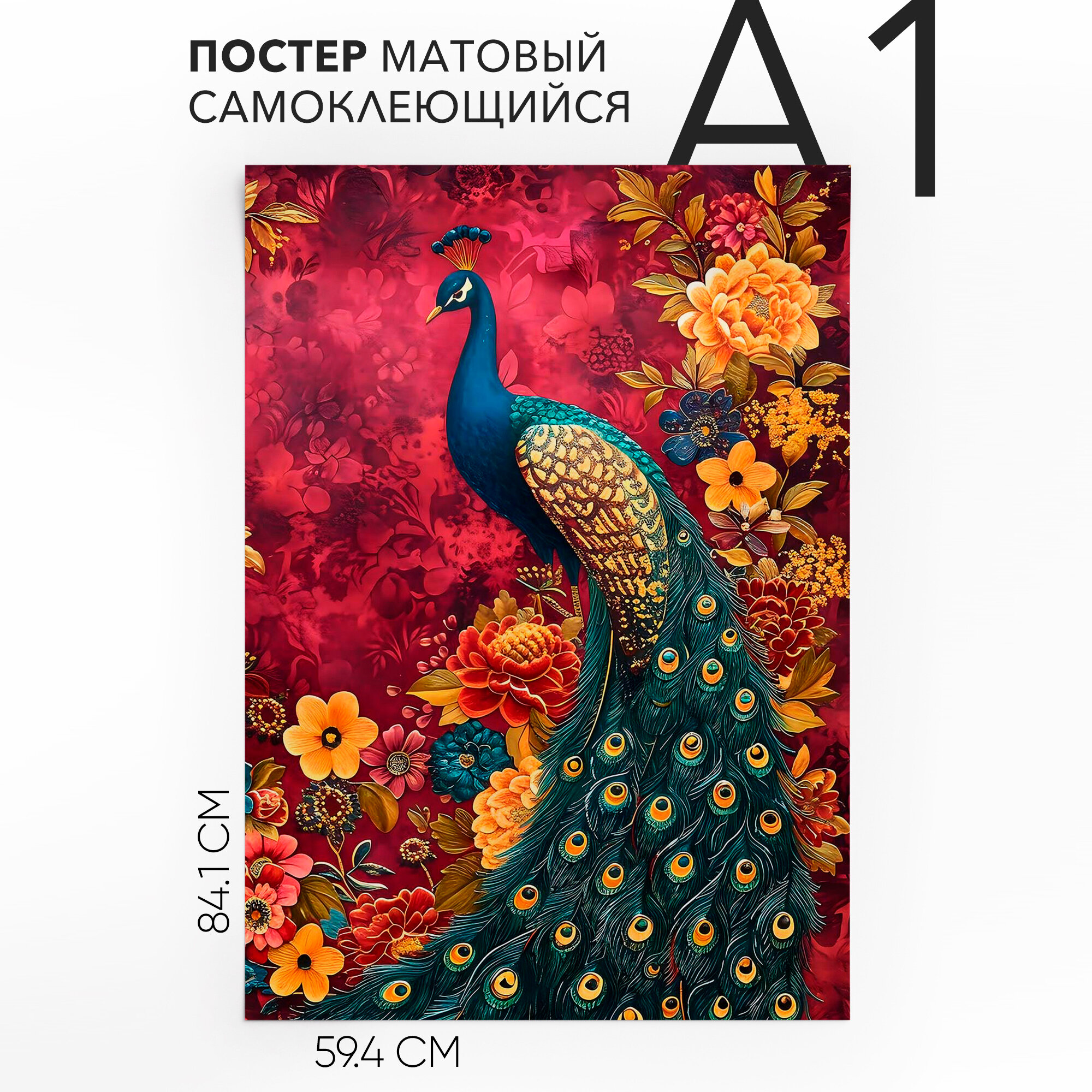 Постеры на стену самоклеящийся, большой A1 Павлин, влагостойкий, для декора
