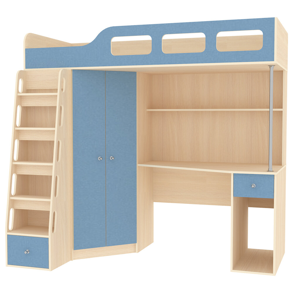 Астра-7 кровать чердак Дуб Молочный Светло Синий/Голубой