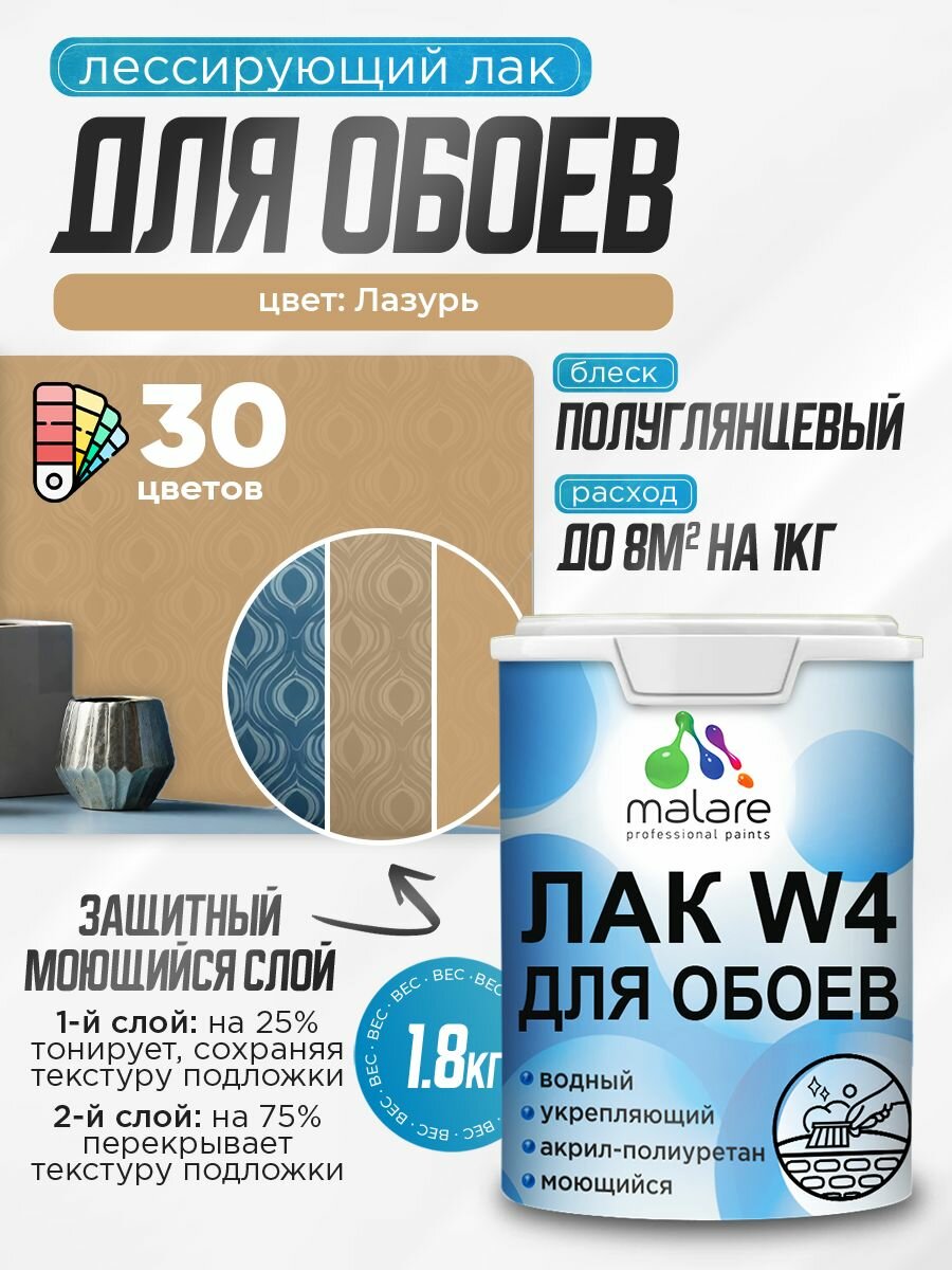 Лак колерованный тонирующий для защиты обоев Malare W4 универсальный для дерева и минеральных поверхностей, водный без запаха быстросохнущий, полуглянцевый, лазурь, 1.8 кг.