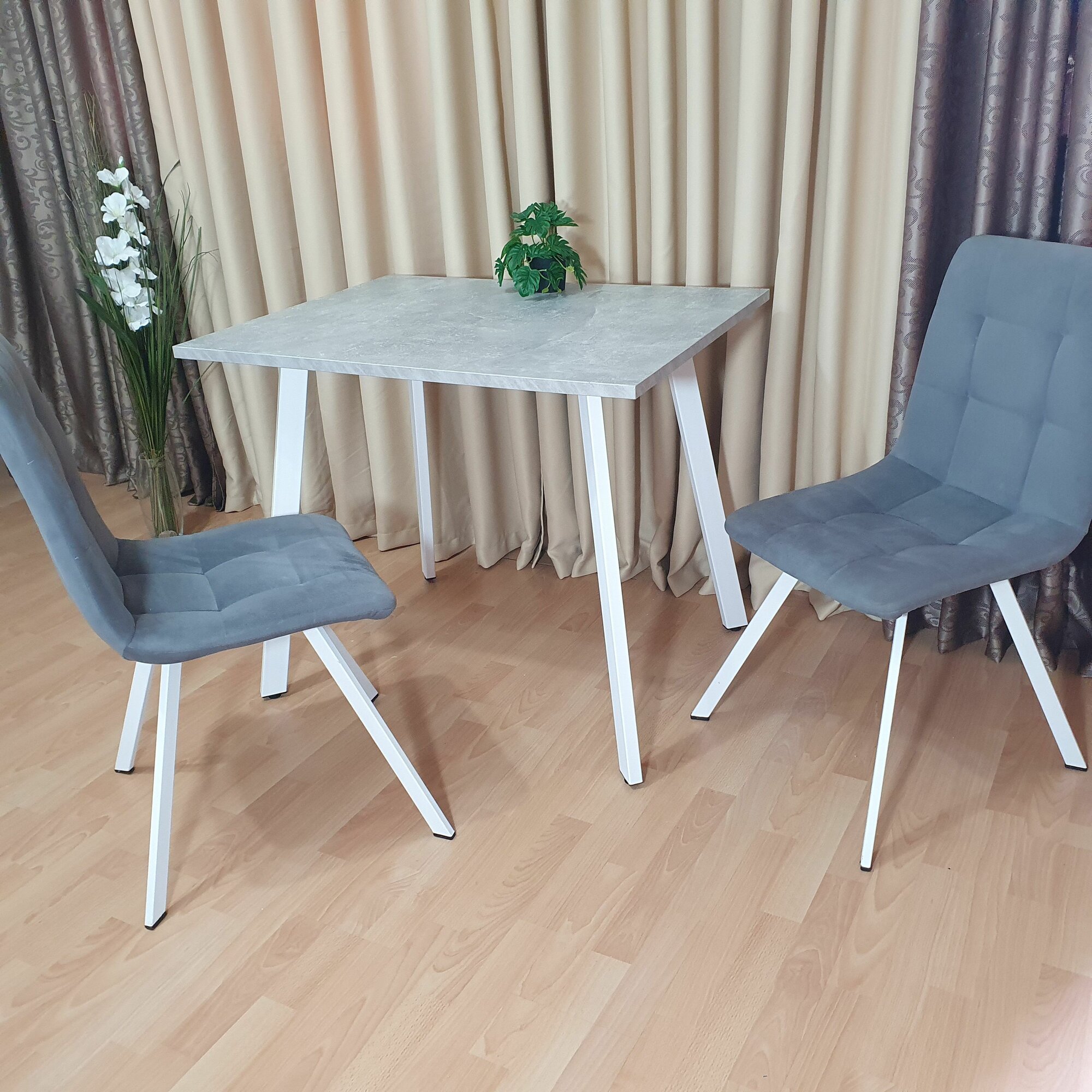 Кухонный стол Ник 90*70 см. Бетон светлый. Белые ножки